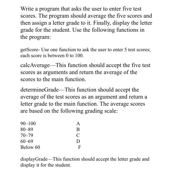 Solved Write a program that asks the user to enter five test | Chegg.com