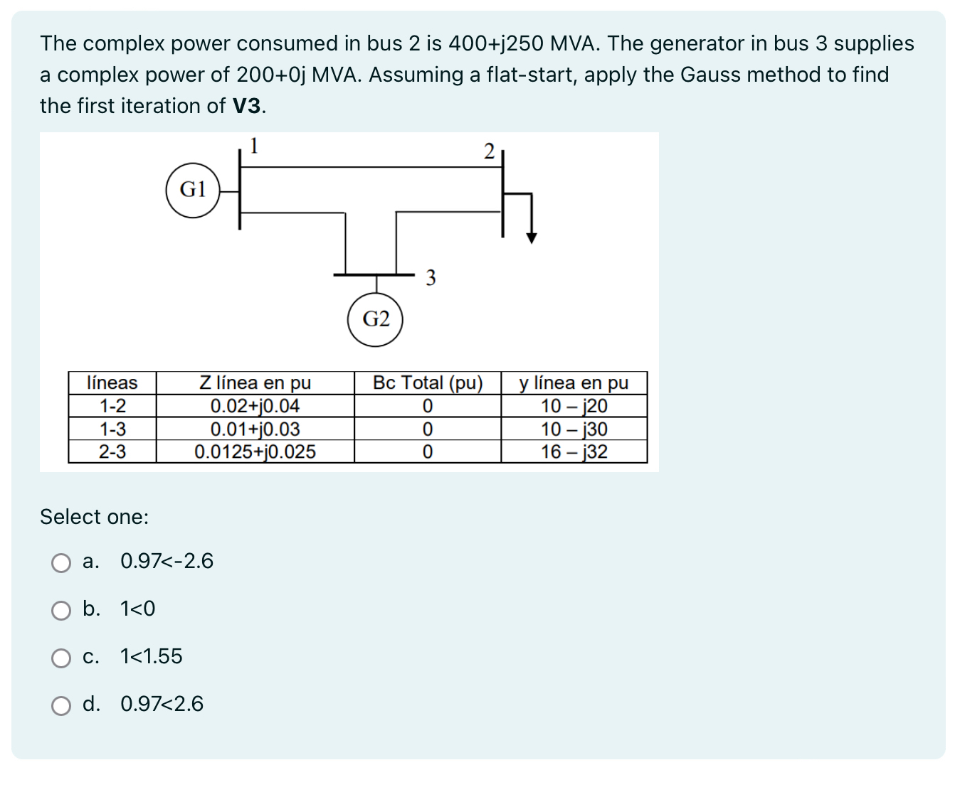 Solved The complex power consumed in bus 2 ﻿is 400+j250 | Chegg.com