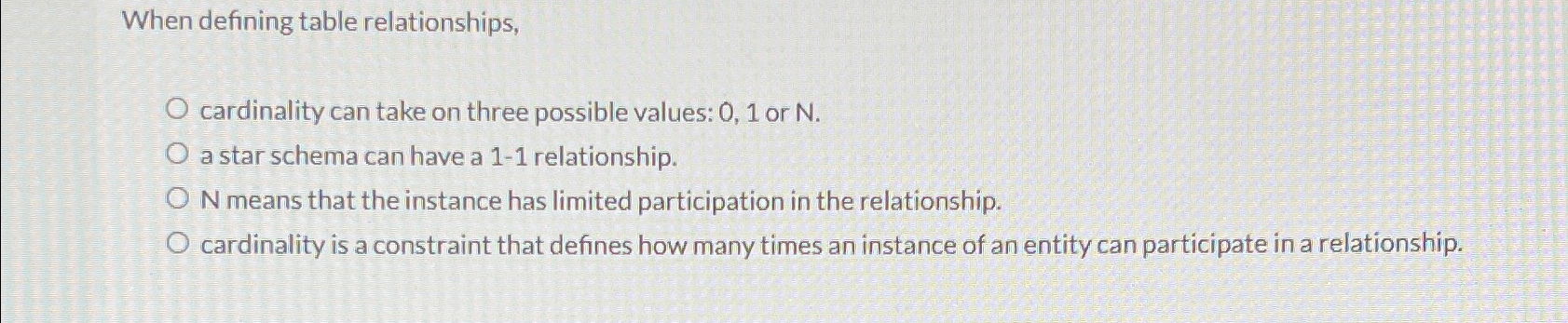 Solved When defining table relationships,cardinality can | Chegg.com