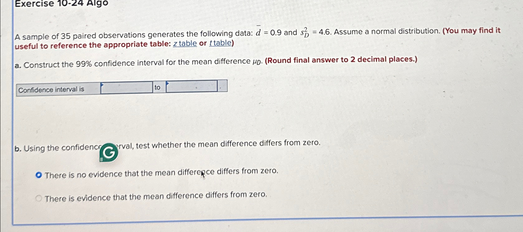 Solved Exercise 10-24 ﻿AlgoA sample of 35 ﻿paired | Chegg.com