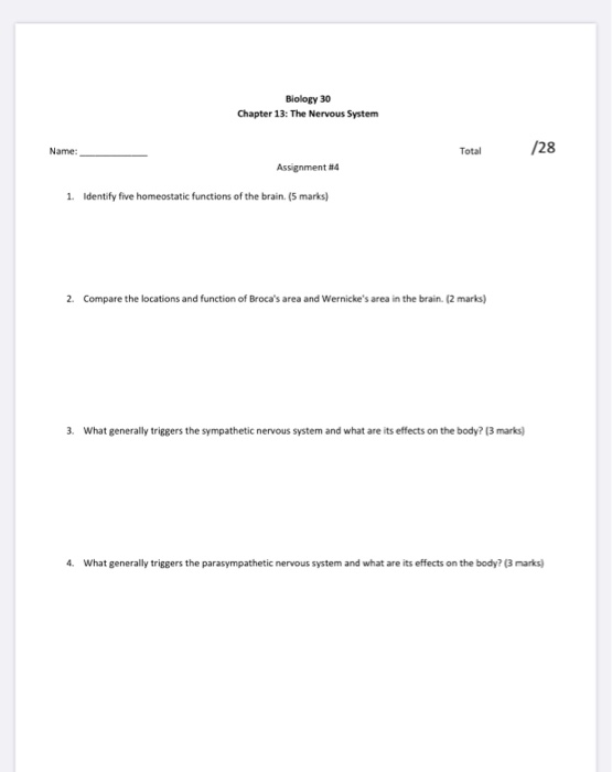 Solved Biology 30 Chapter 13: The Nervous System Name: Total | Chegg.com