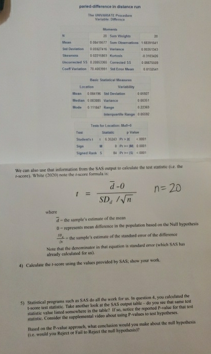 Solved paried-difference in distance runThe UnIVARIATE | Chegg.com