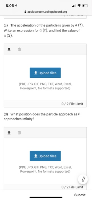 Solved 8:057 apclassroom.collegeboard.org A particle moves | Chegg.com