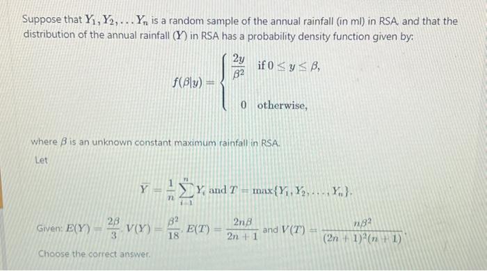 Suppose that Y1,Y2,…Yn is a random sample of the | Chegg.com