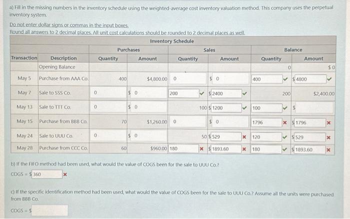Solved a) Fill in the missing numbers in the inventory | Chegg.com