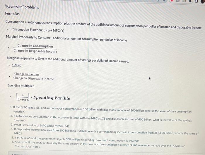 Solved Formulas Consumption = autonomous consumption plus | Chegg.com
