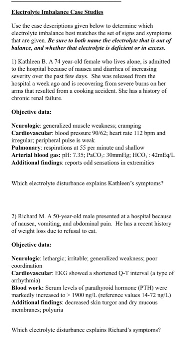 Solved Electrolyte Imbalance Case Studies Use the case | Chegg.com