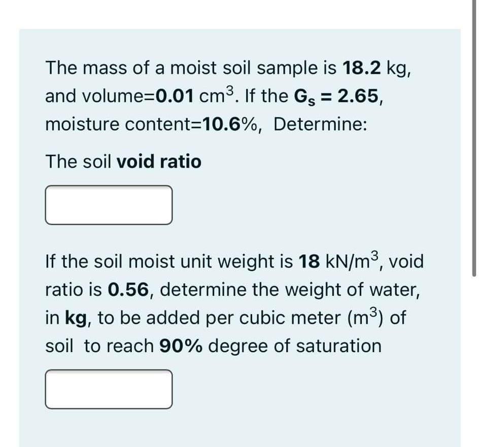 Solved The mass of a moist soil sample is 18.2 kg, and | Chegg.com