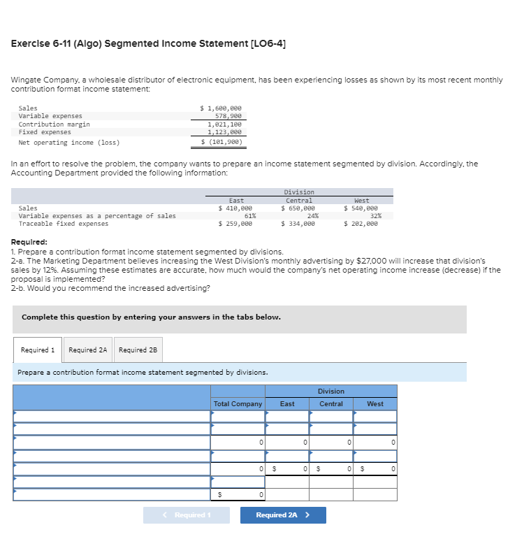 Solved Exerclse 6-11 (Algo) ﻿Segmented Income Statement | Chegg.com