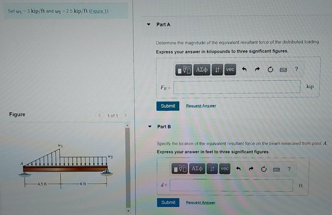 Solved Set wi = 3 kip/ft and w2 = 25 kip/ft (Figure 1) Part | Chegg.com