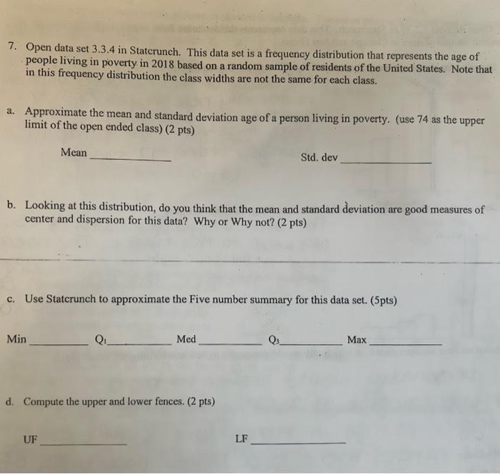 Solved 7. Open data set 3.3.4 in Statcrunch. This data set | Chegg.com