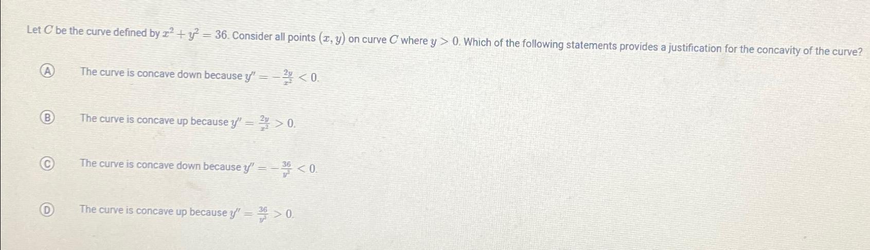 Solved Let C be the curve defined by x2+y2=36. Consider | Chegg.com Solved Let C be the curve defined by x2+y2=36. Consider | Chegg.com