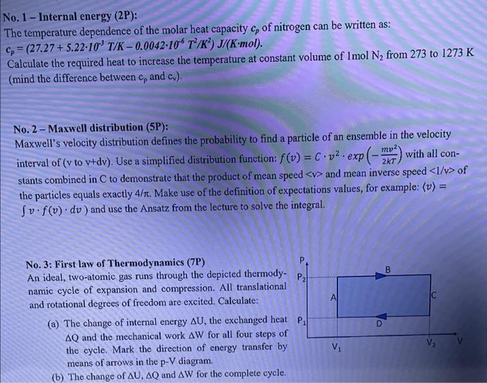 Solved No. 1 - Internal energy (2P): The temperature | Chegg.com