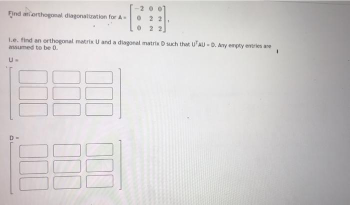Solved Find an orthogonal diagonalization for A 2 0 0 0 2 2 | Chegg.com