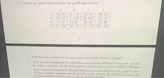 Solved 3. Consider the game represented by the payoff matrix | Chegg.com