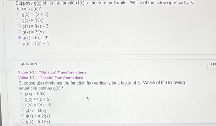 Solved Suppose g(x) shifts the function f(x) to the right by | Chegg.com