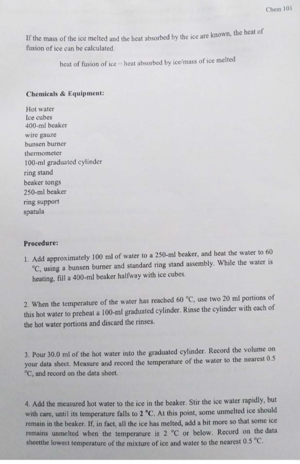 Solved Chem 101 Experiment2: Heat of Fusion for Ice Purpose: | Chegg.com