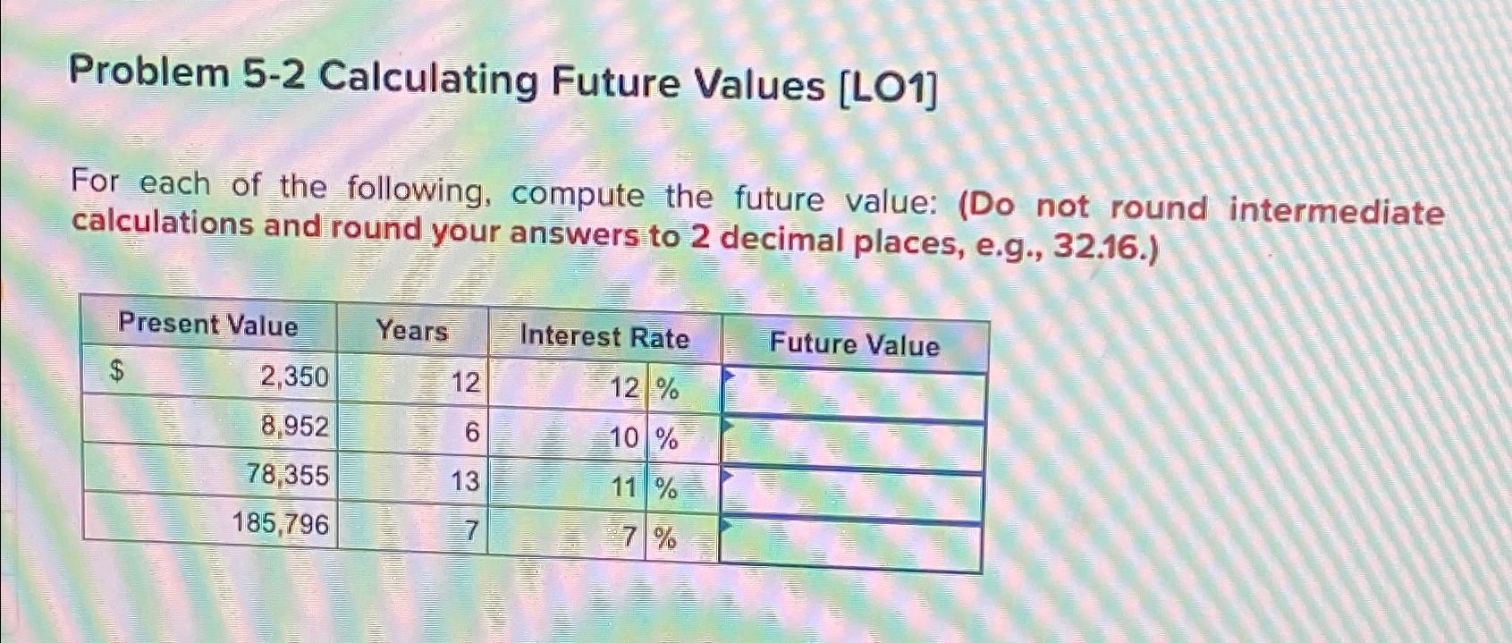 Solved Problem 5-2 ﻿Calculating Future Values [LO1]For each | Chegg.com
