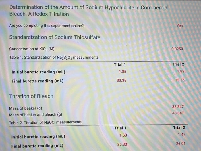 Solved Table view Table 4.% Naoci in bleach List view Trial | Chegg.com