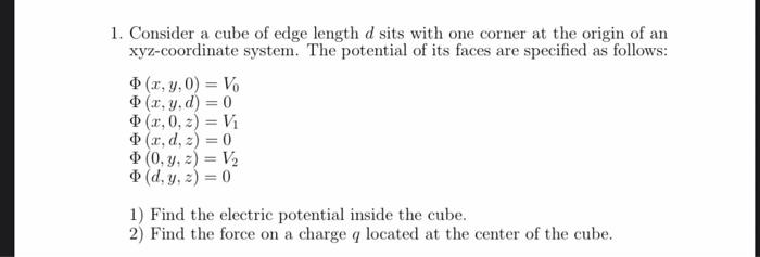 Solved 1. Consider a cube of edge length d sits with one | Chegg.com