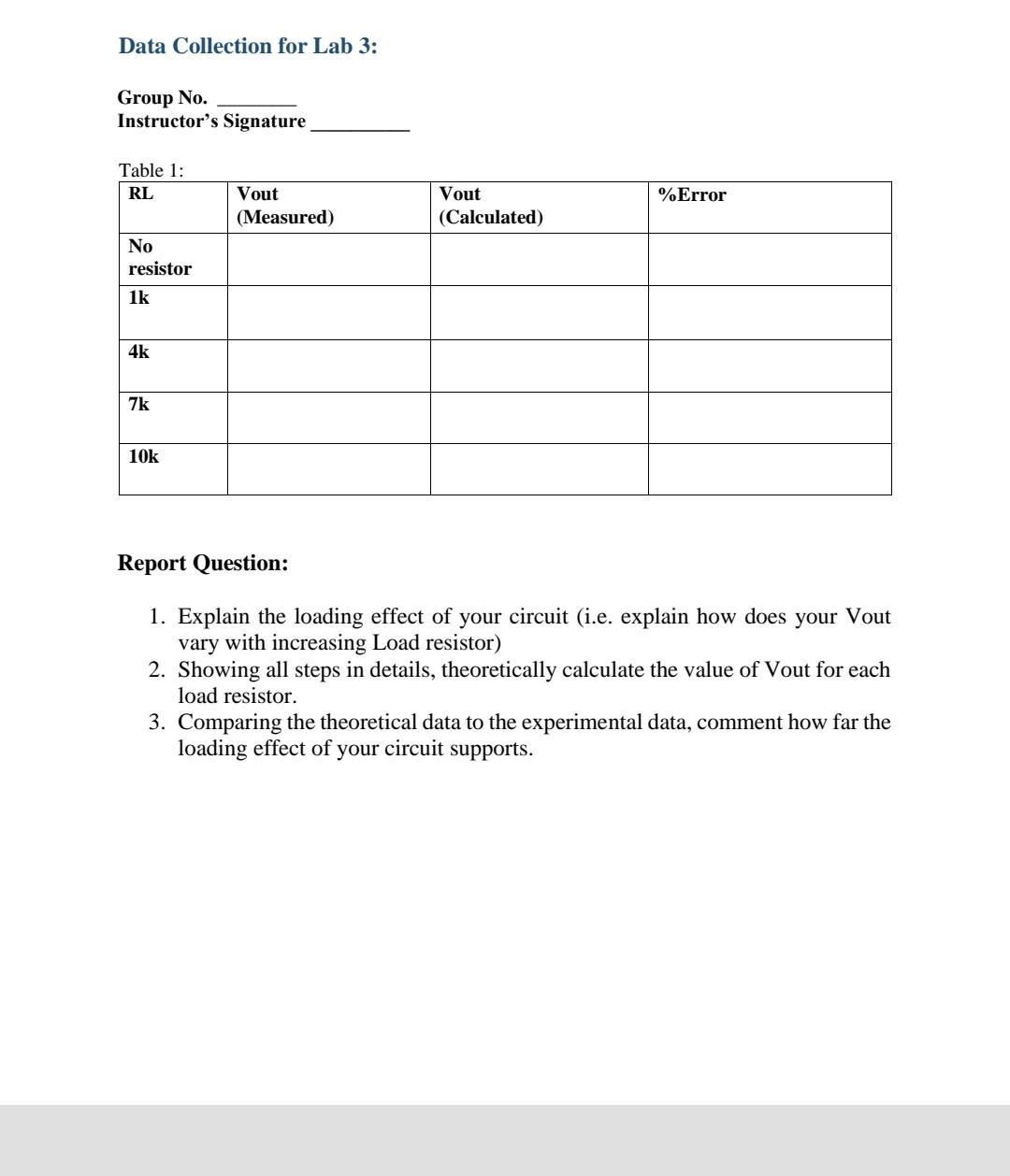 Lab 3: Loading Effect of Voltage Divider Circuit | Chegg.com