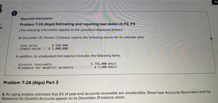 Solved Required information Problem 7-3A (Algo) Aging | Chegg.com