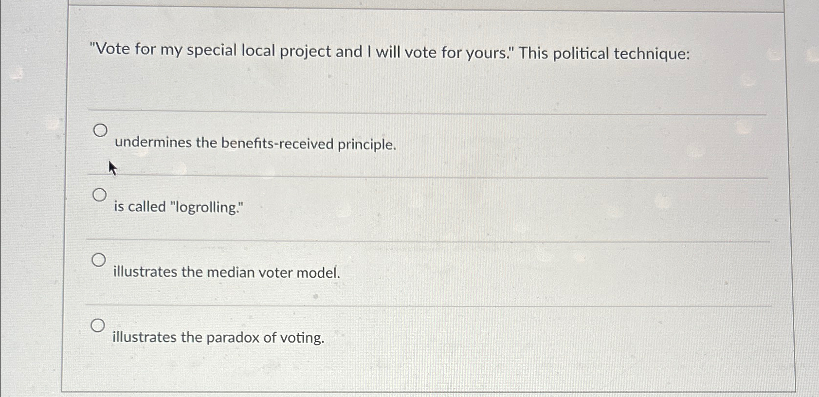 Solved "Vote for my special local project and I will vote | Chegg.com