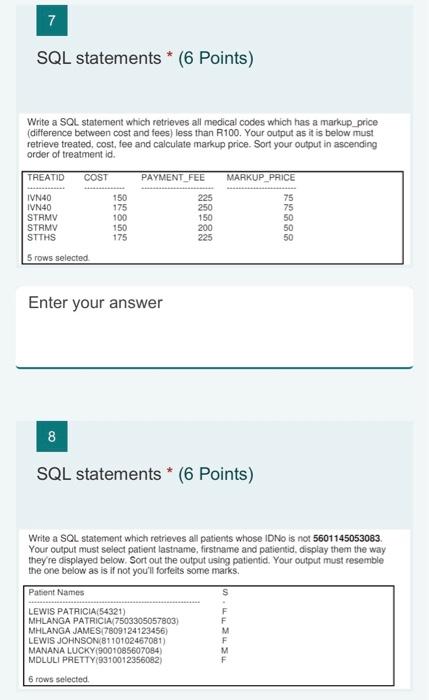 Solved SQL statements * (6 Points) Write a SQL statement | Chegg.com
