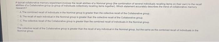 Solved A typical collaborative memory experiment involves | Chegg.com