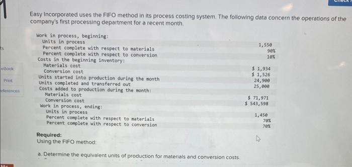 Solved Easy Incorporated uses the FIFO method in its process | Chegg.com