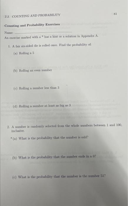 Solved Counting and Probability Exercises Name: An exercise | Chegg.com