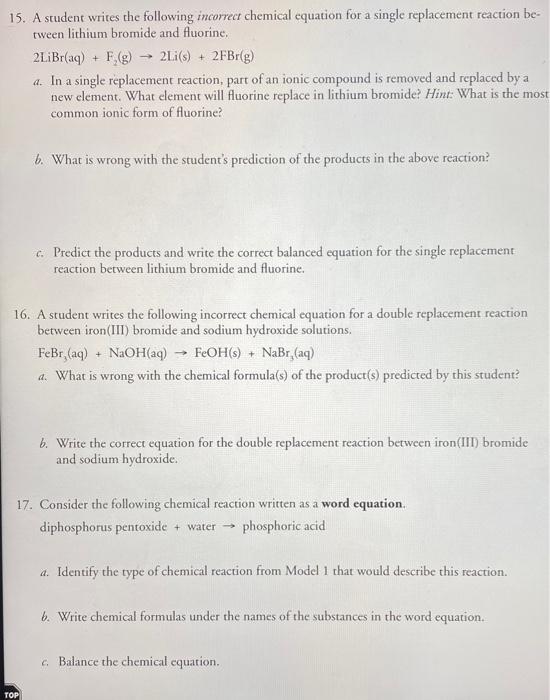 Solved Model 1 - Types of Reactions Set A Synthesis Beaction | Chegg.com