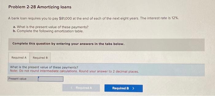 Solved Problem 2-28 Amortizing loans A bank loan requires | Chegg.com