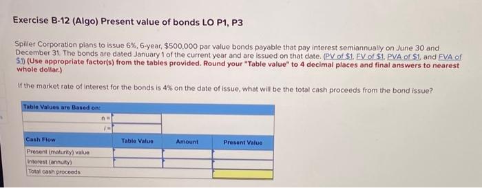 Solved Exercise B-12 (Algo) Present value of bonds LO P1, P3 | Chegg.com