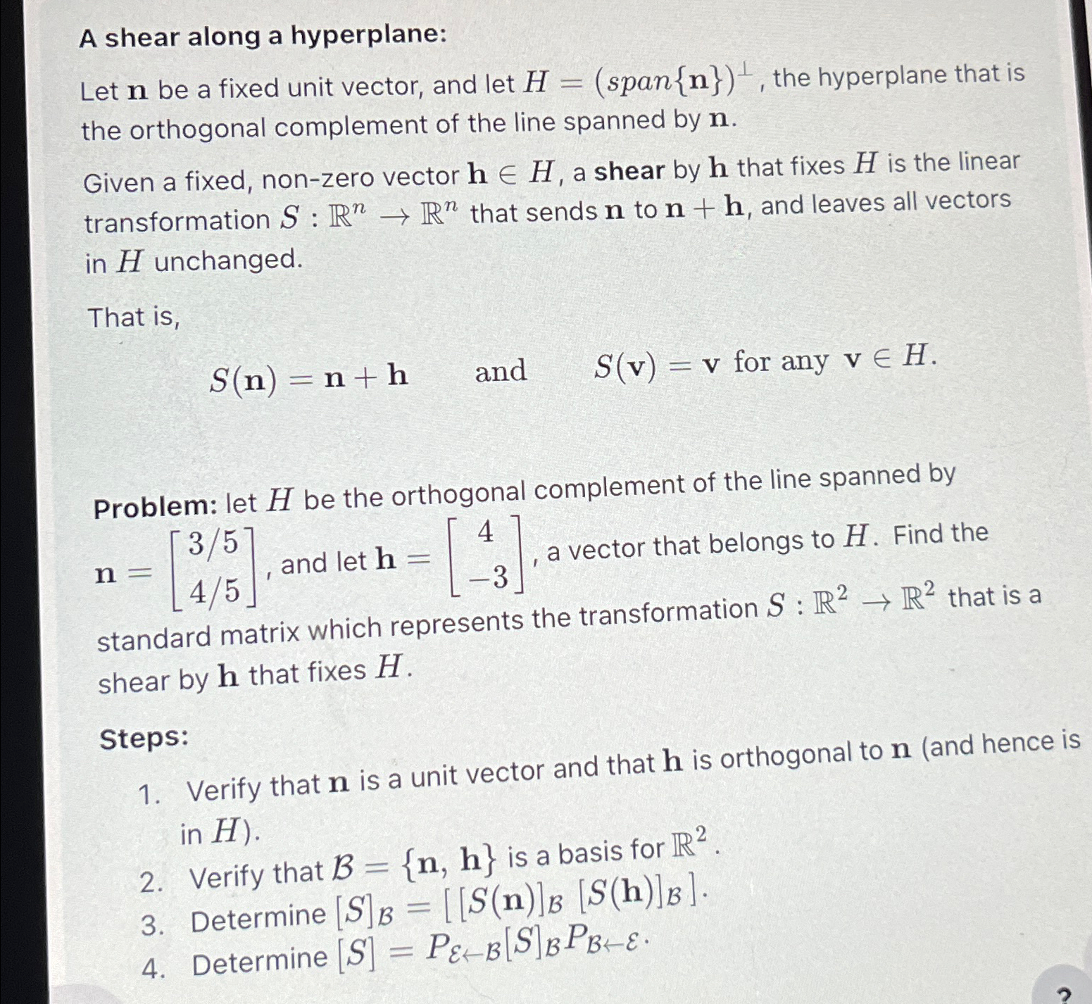 Solved A shear along a hyperplane:Let n ﻿be a fixed unit | Chegg.com