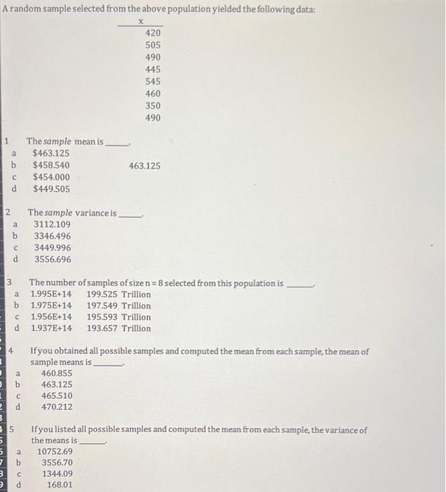 A random sample selected from the above population | Chegg.com