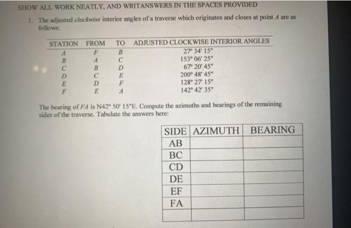 Solved SHOW ALL WORK NEATLY, AND WRITANSWERS IN THE SPACES | Chegg.com