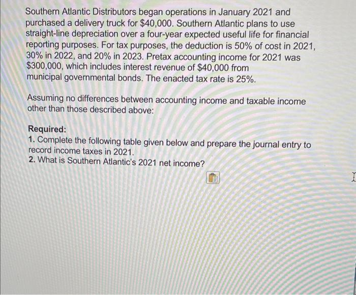 Solved Southern Atlantic Distributors began operations in | Chegg.com