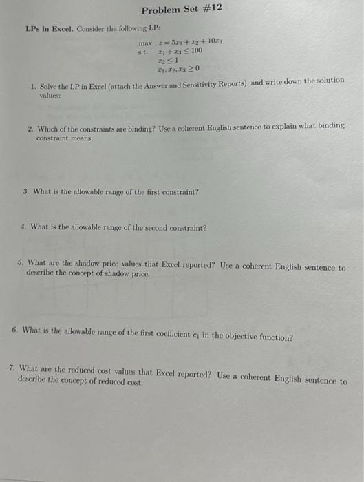 Solved LPs in Excel. Consider the following LP. max s.t. | Chegg.com