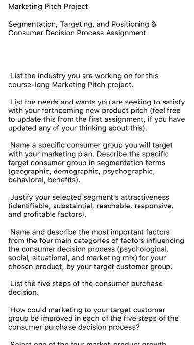 Solved Marketing Pitch Project Segmentation, Targeting, and | Chegg.com