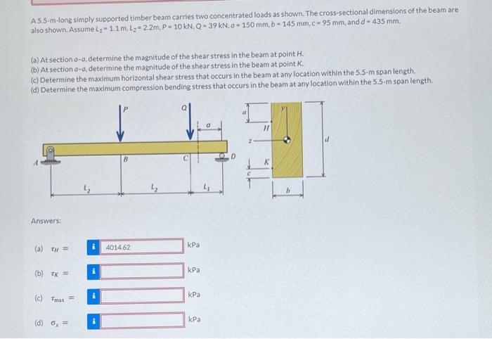 Solved A 5.5-m-long simply supported timber beam carries two | Chegg.com