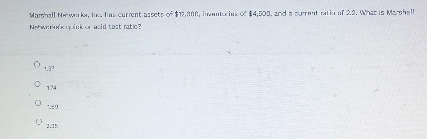 Solved Marshall Networks, Inc. has current assets of | Chegg.com