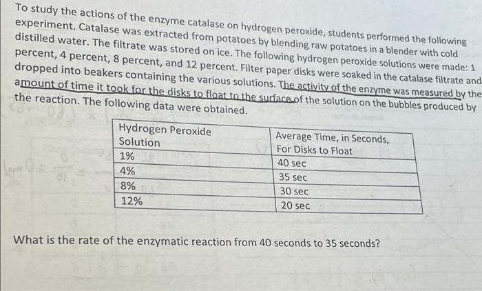 Solved To study the actions of the enzyme catalase on | Chegg.com