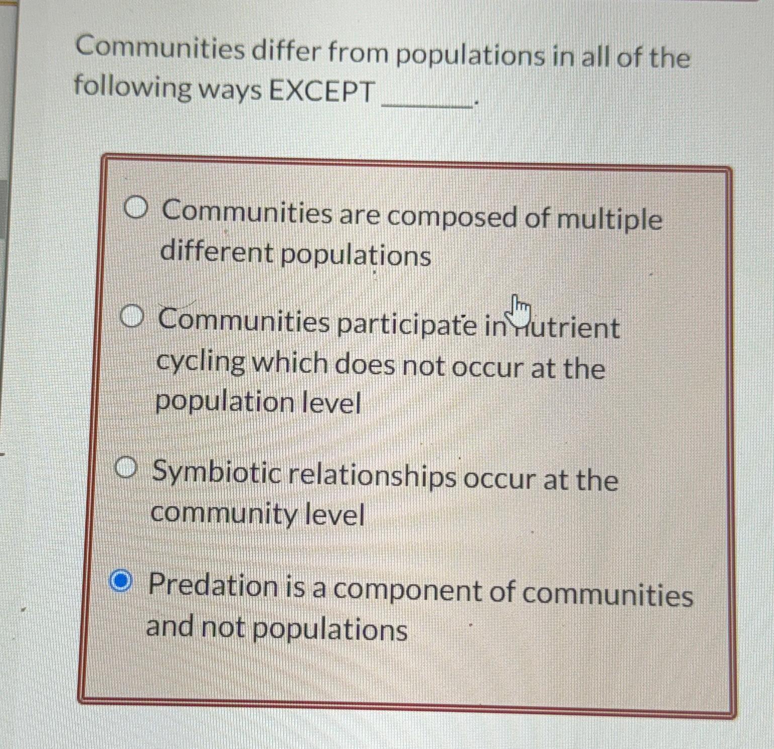 Solved Communities differ from populations in all of the | Chegg.com