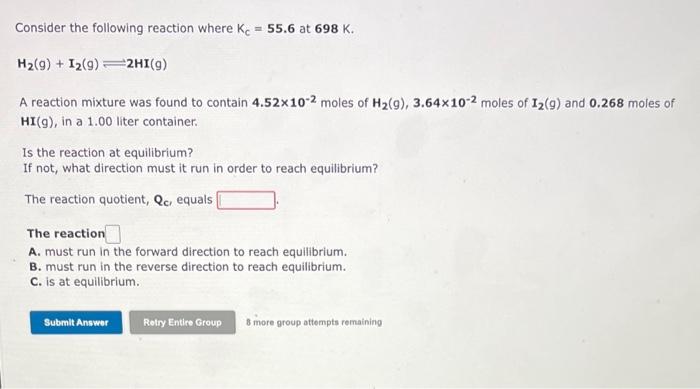 Solved The reaction quotient, Q, tells if a reaction is at | Chegg.com