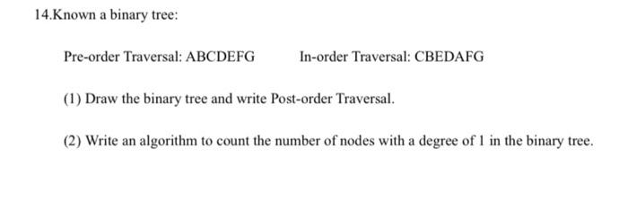 Solved 14.Known a binary tree: Pre-order Traversal: ABCDEFG | Chegg.com