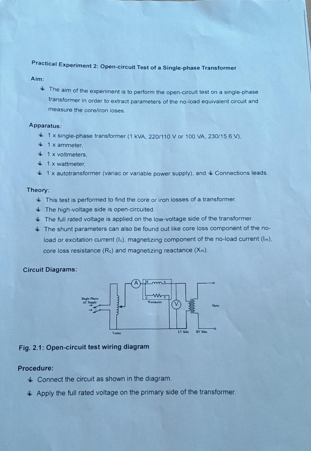 Solved Practical Experiment 2: Open-circuit Test of a | Chegg.com