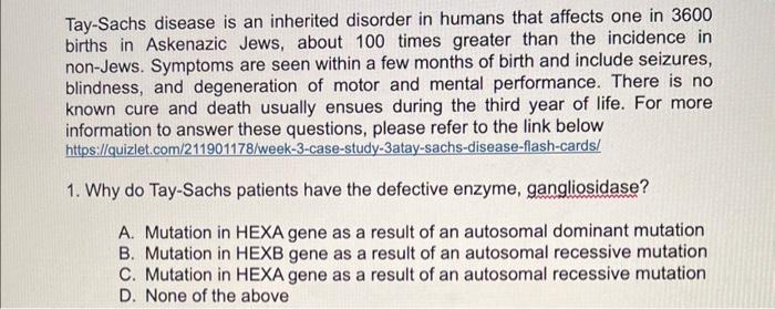 Solved Tay-Sachs disease is an inherited disorder in humans | Chegg.com