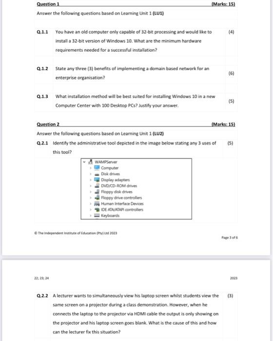 Solved Question 1 (Marks: 15) Answer the following questions | Chegg.com