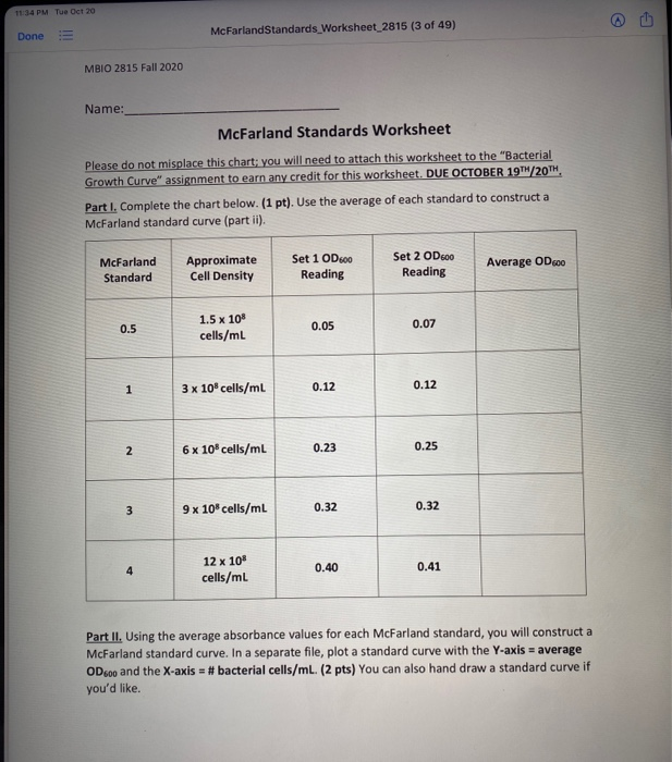Solved 11:34 PM Tue Oct 20 » McFarland Standards Worksheet | Chegg.com